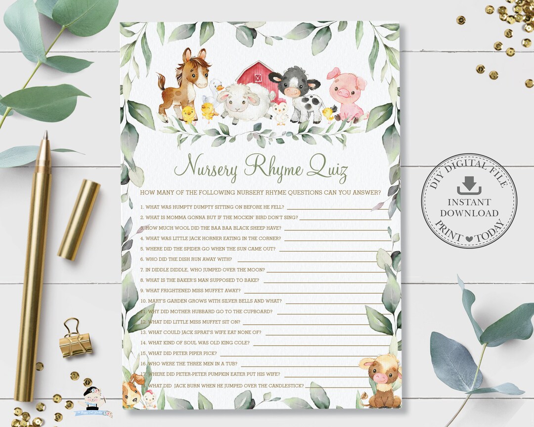 Nursery Rhyme Quiz, INSTANT DOWNLOAD, Guess Song Farm Animals Barnyard ...