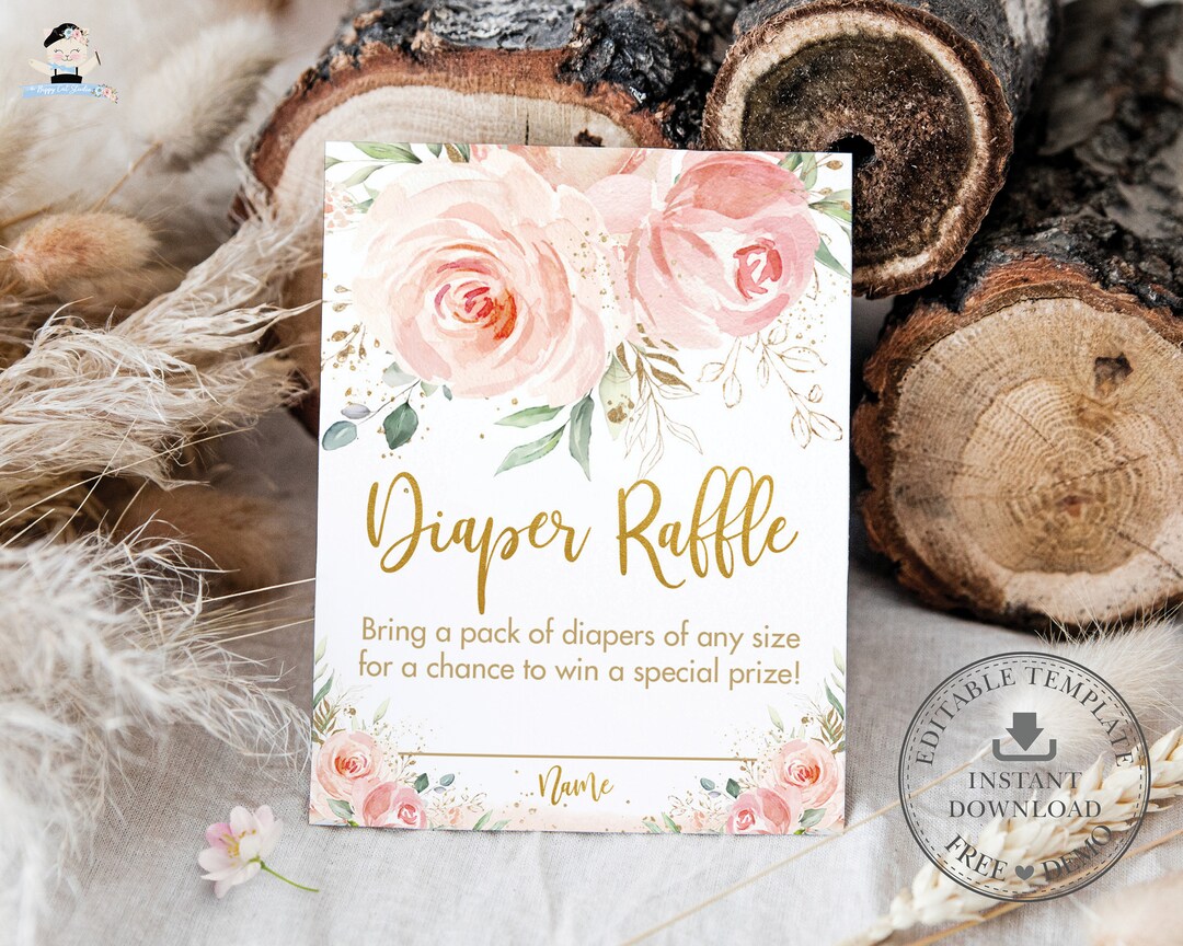 Blush Pink Floral Diaper Raffle Card, Chic Elegant Baby Girl Shower ...