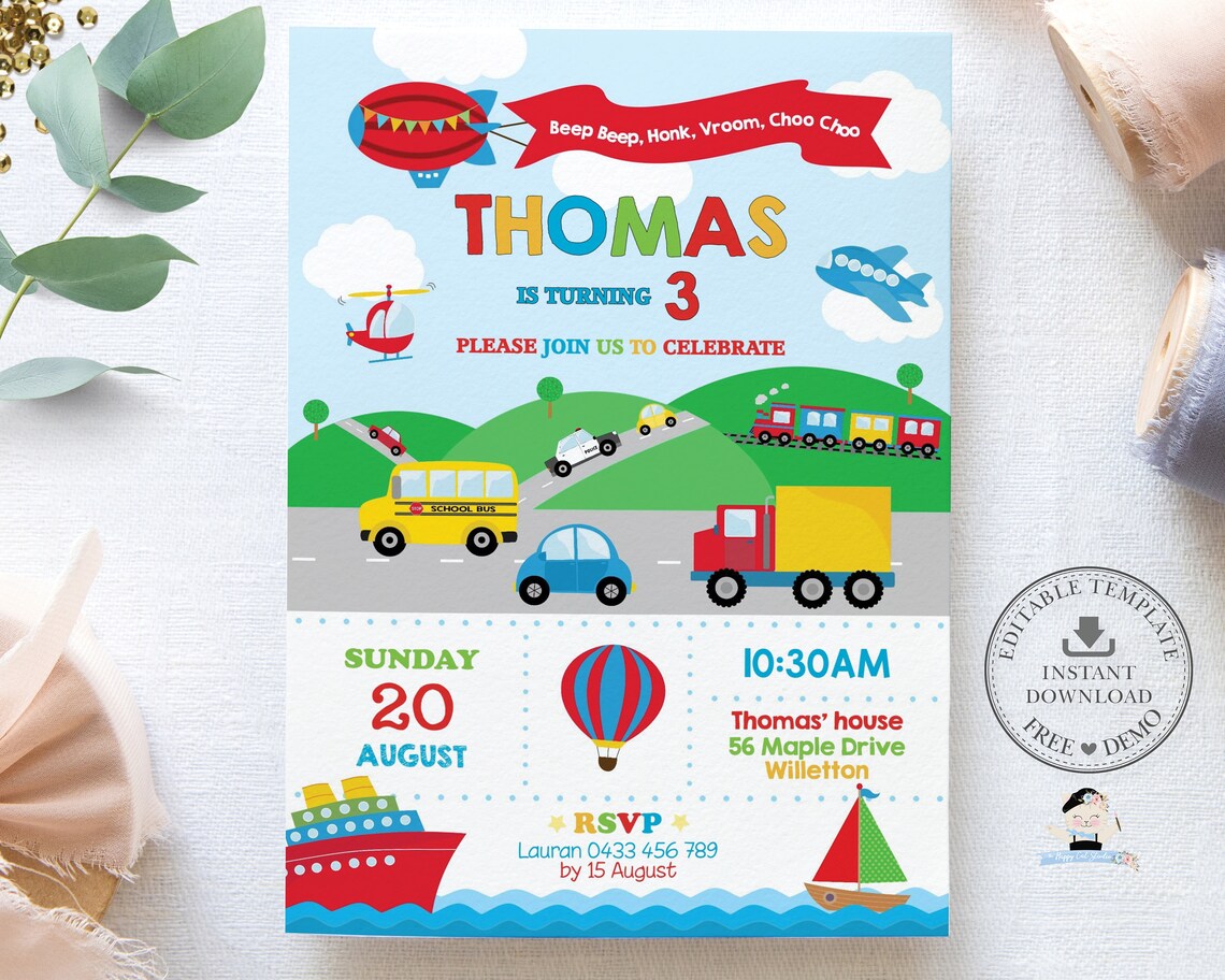 Transportation Birthday Invitation, Transportation Invitation Download ...