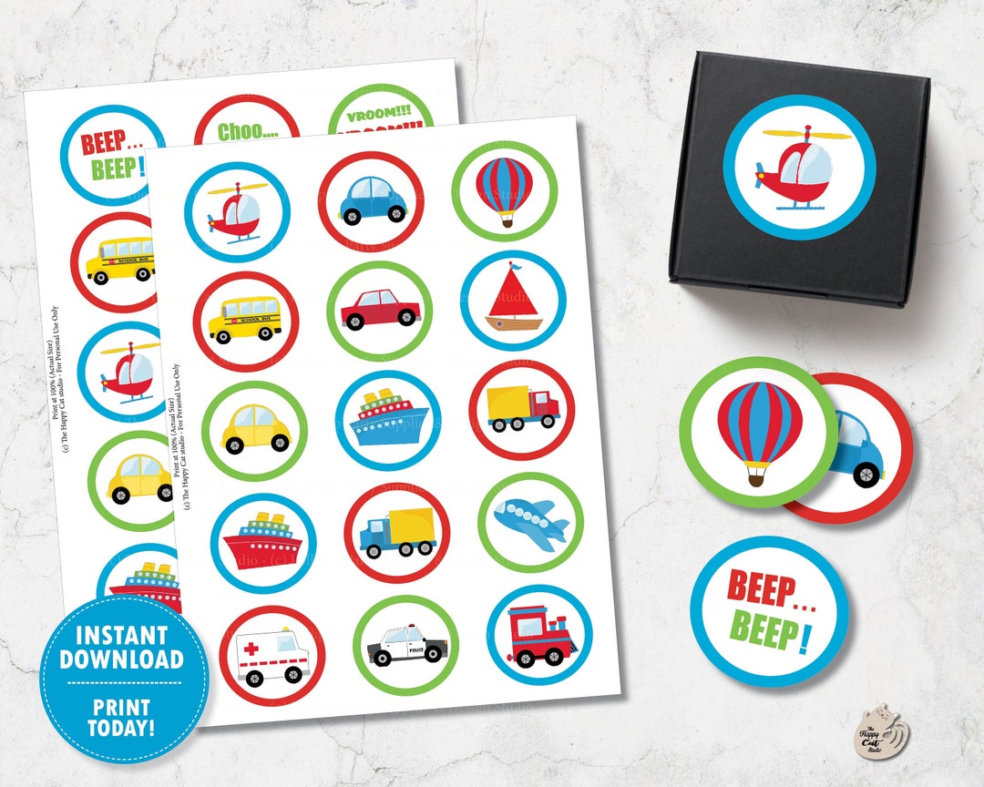 Transportation Birthday 2" Round Labels, Cupcake Topper Sticker Favors ...