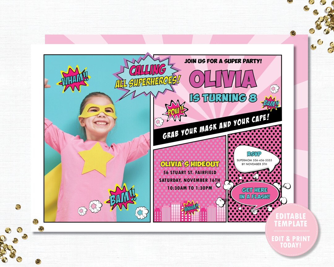 Superhero Invitation, EDITABLE TEMPLATE, Instant Download, Girl Pink ...