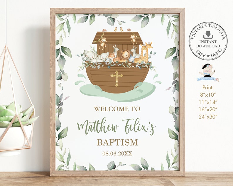Noah's Ark Welcome Sign, EDITABLE TEMPLATE, Chic Greenery Noahs Ark ...
