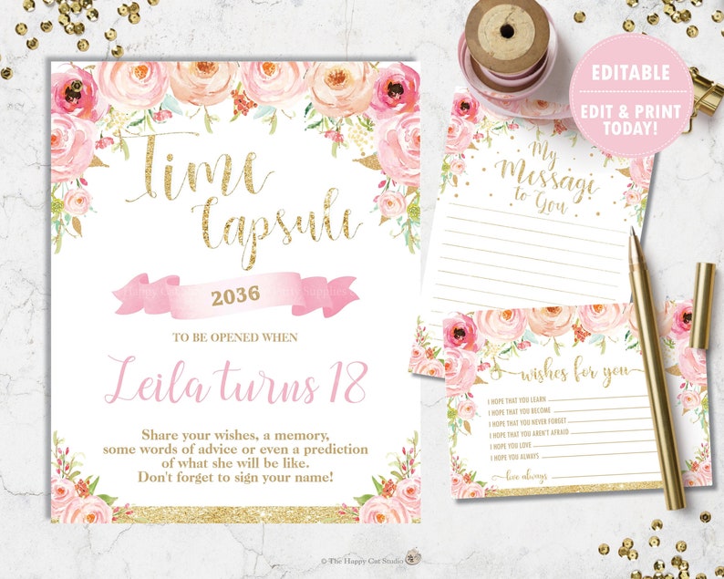 EDITABLE Floral Time Capsule Sign With Message Card Wishes for You Card ...