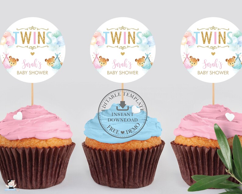 EDITABLE TEMPLATE Cute Twin Teddy Bears 2" Circle Tags, Twins Boy Girl ...