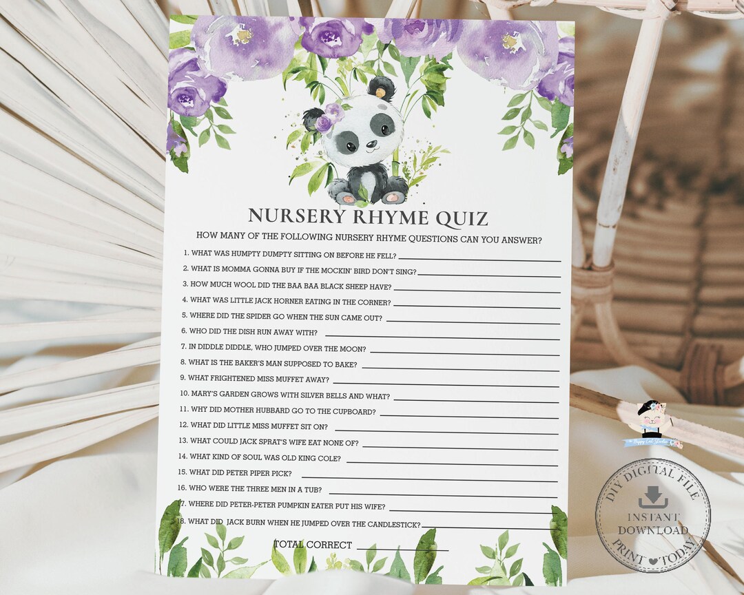 Nursery Rhyme Quiz, INSTANT DOWNLOAD, Guess Song Cute Panda Bear Purple ...