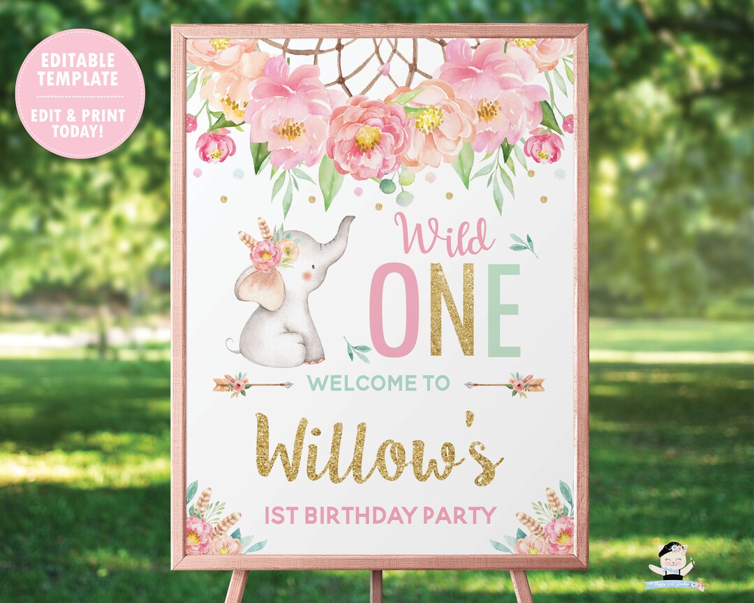 Wild One Welcome Sign, EDITABLE TEMPLATE, Elephant Safari Jungle ...