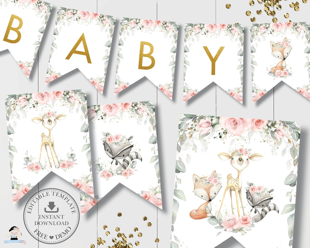 Woodland Animals Flag Banner, EDITABLE TEMPLATE, Pink Floral Greenery ...