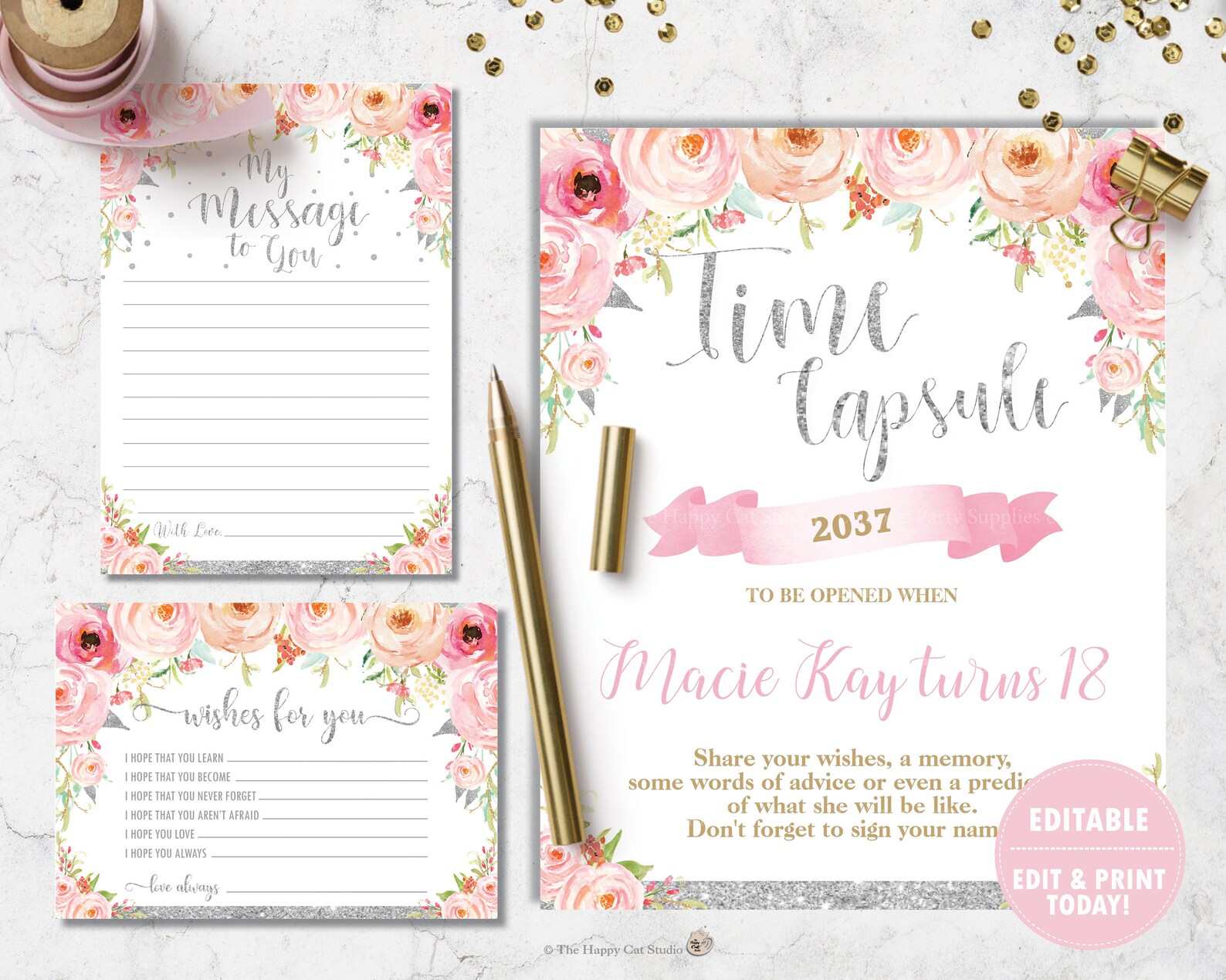 EDITABLE Floral Time Capsule Sign With Message Card Wishes for You Card ...