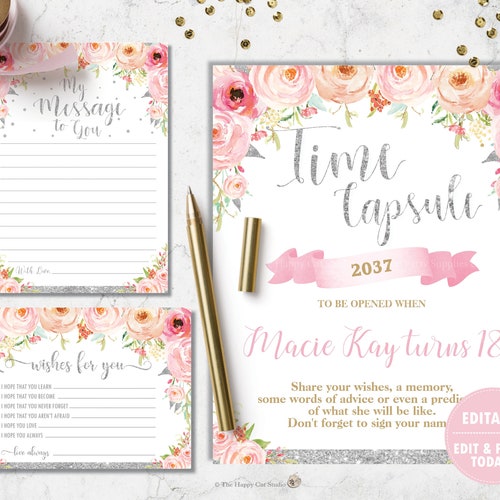 EDITABLE Floral Time Capsule Sign With Message Card Wishes for - Etsy