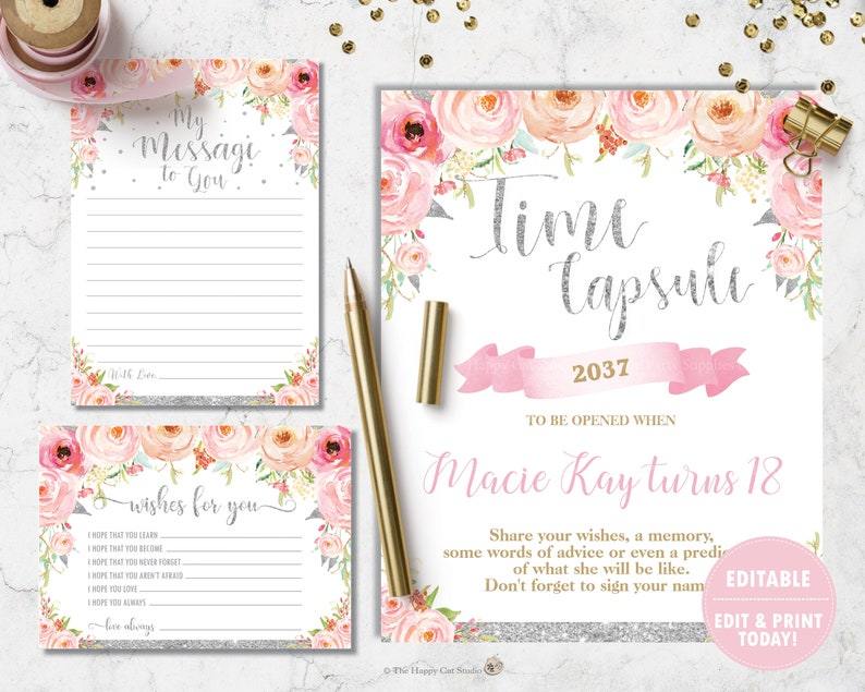EDITABLE Floral Time Capsule Sign With Message Card Wishes for - Etsy