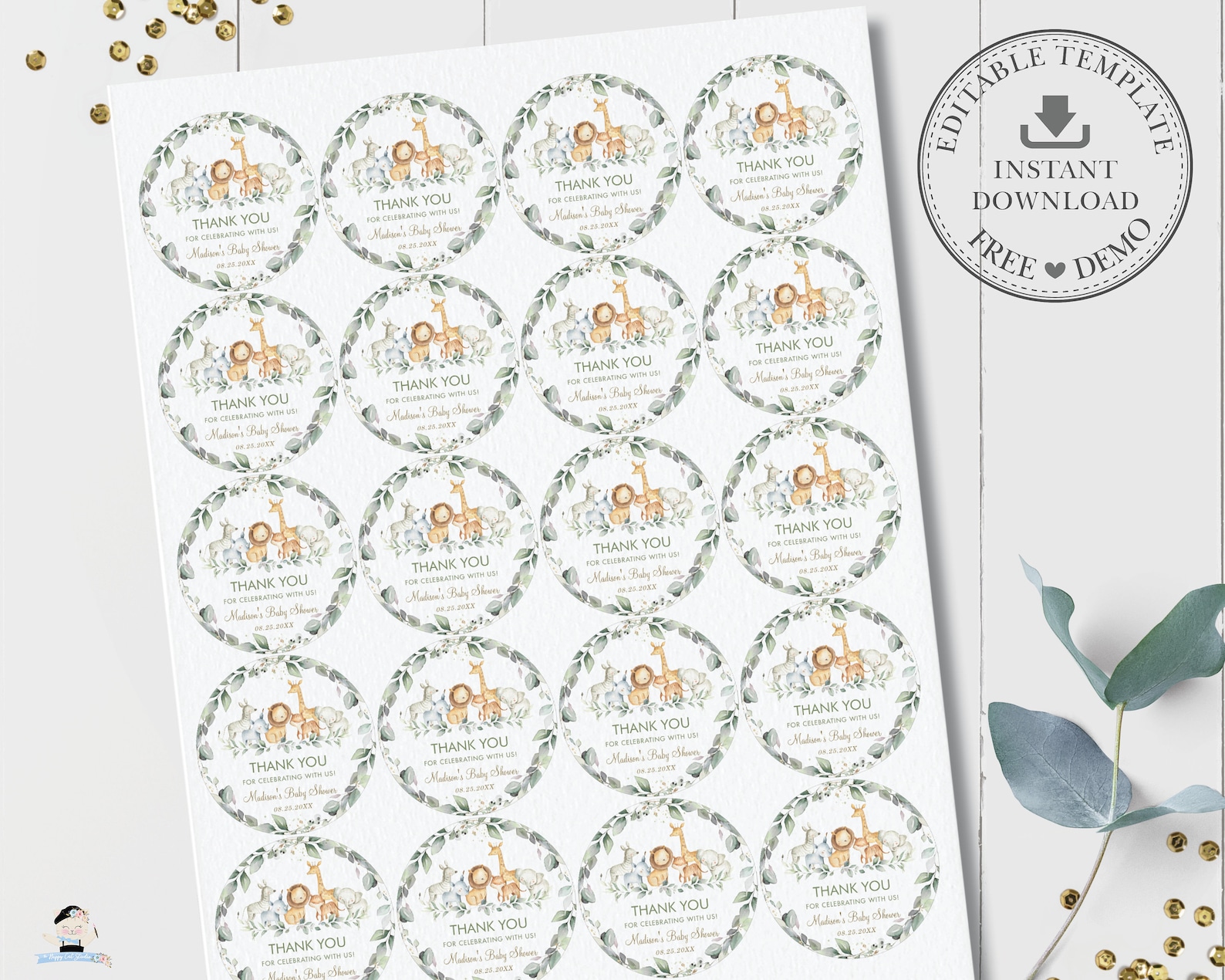 EDITABLE TEMPLATE Jungle Animals 2 Circle Tags Greenery - Etsy