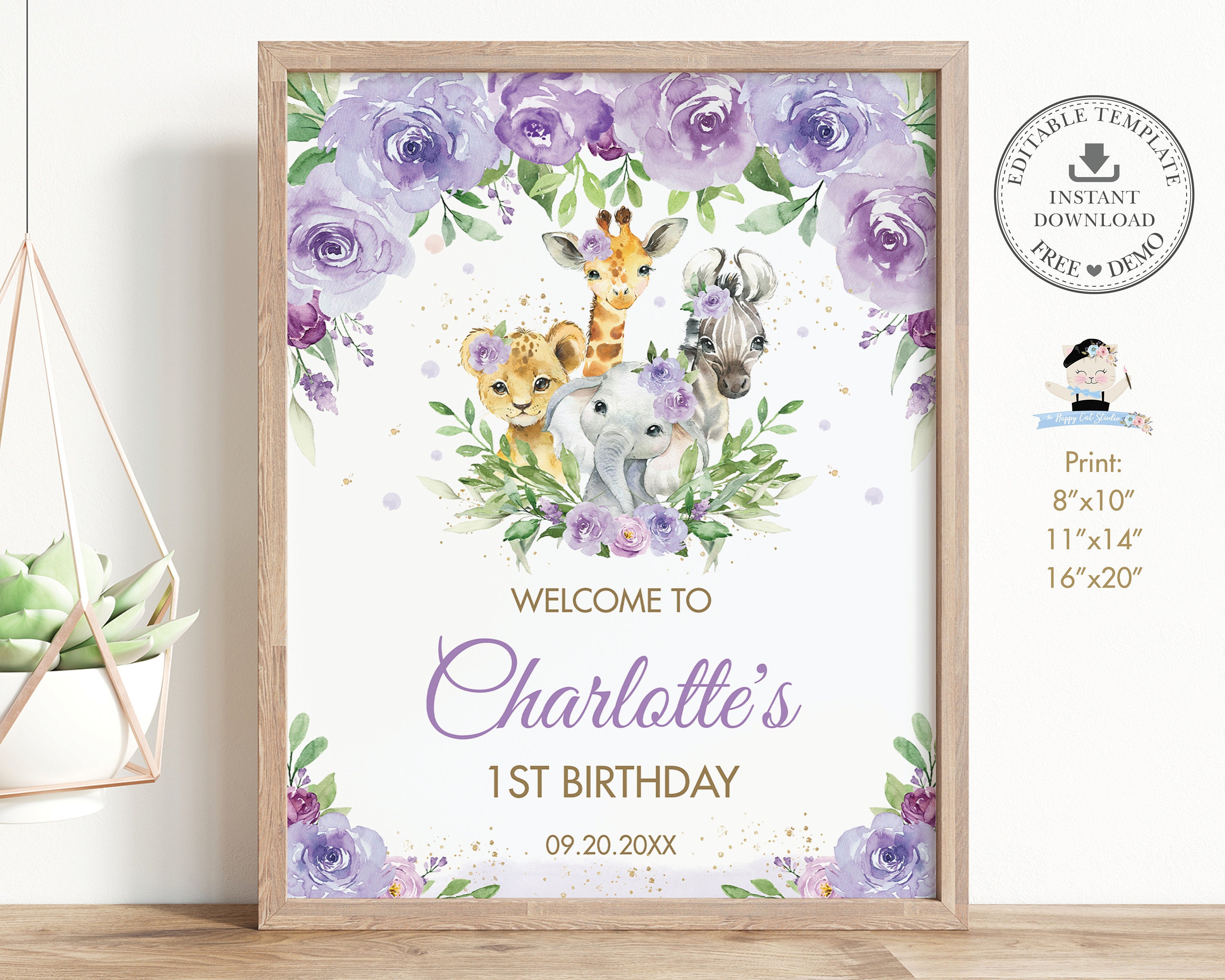 Jungle Animals Welcome Sign EDITABLE TEMPLATE Diy Purple - Etsy