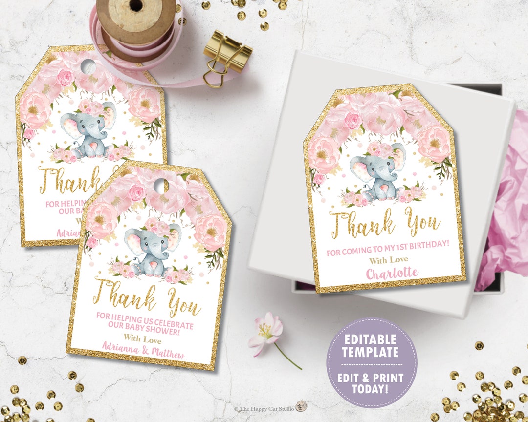 EDITABLE TEMPLATE Elephant Thank You Tags, Favors, Elephant Printable ...