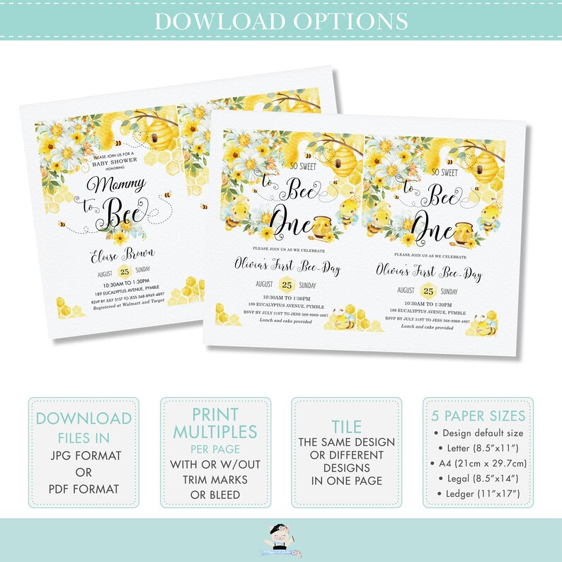EDITABLE TEMPLATE Cute Honey Bees Yellow Floral 2 Circle - Etsy
