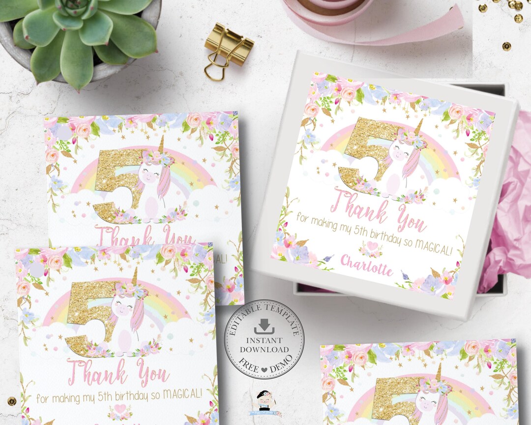 Unicorn 5th Birthday Thank You Favor Tags EDITABLE TEMPLATE, Cute ...