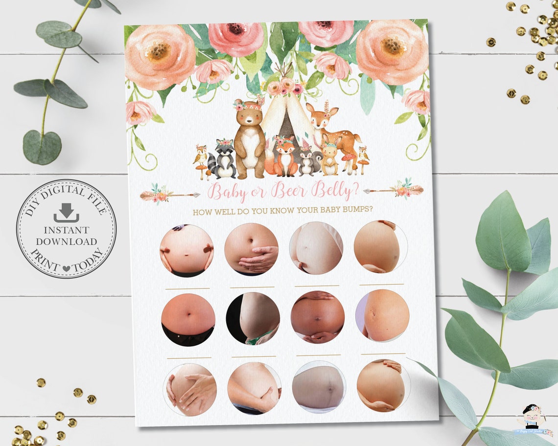 Baby or Beer Belly Game, INSTANT DOWNLOAD, Pregnant Baby Bump Woodland ...