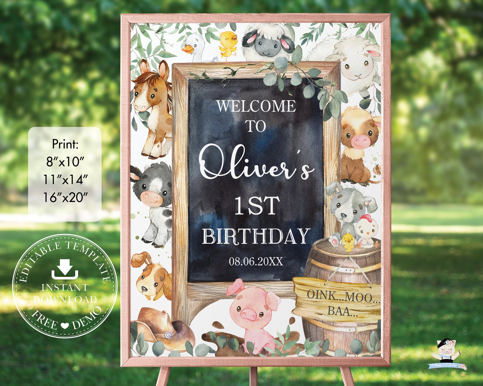 Cute Farm Animals Greenery Welcome Sign, EDITABLE TEMPLATE, INSTANT ...