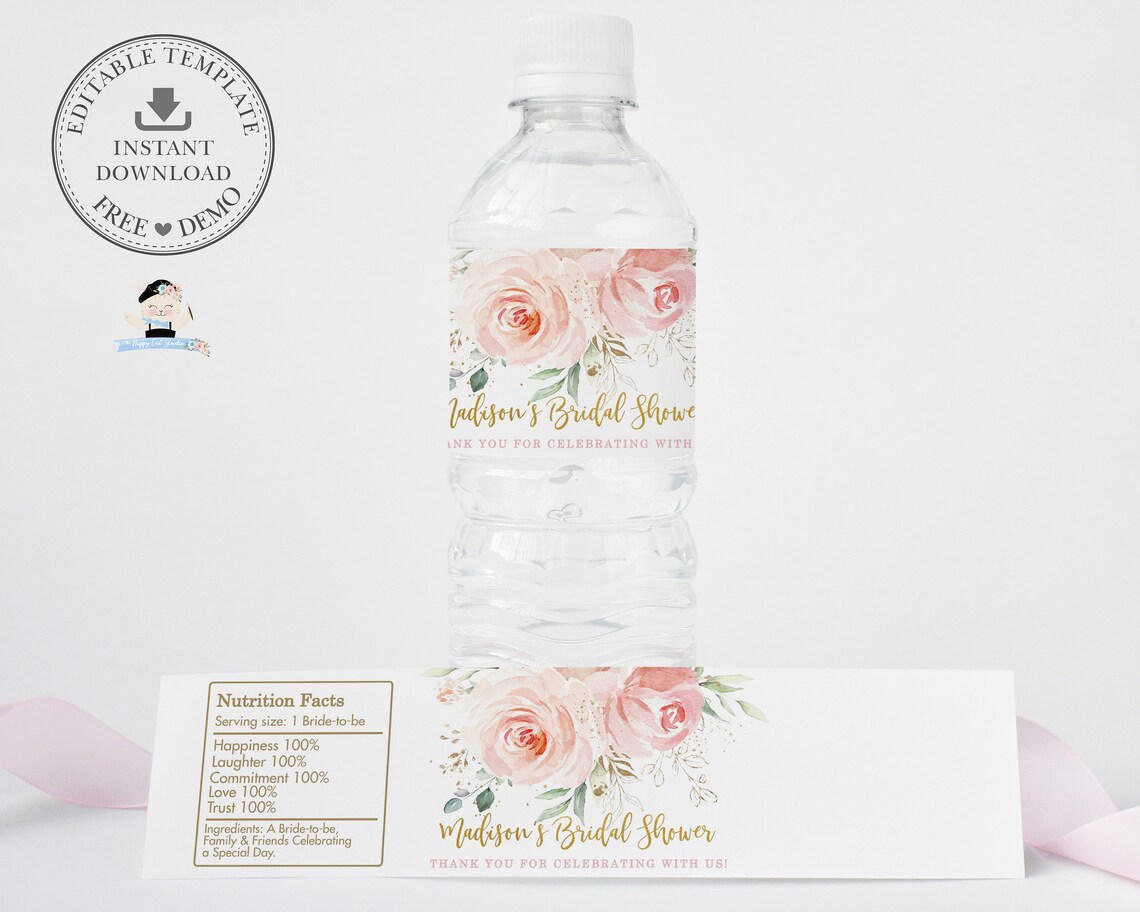 Blush Floral Water Bottle Labels, EDITABLE TEMPLATE, Pink Roses Flowers ...