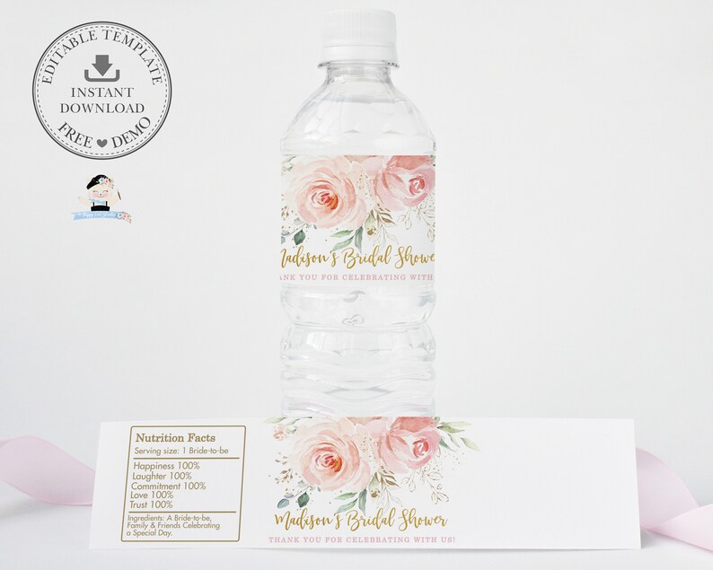 Blush Floral Water Bottle Labels, EDITABLE TEMPLATE, Pink Roses Flowers ...