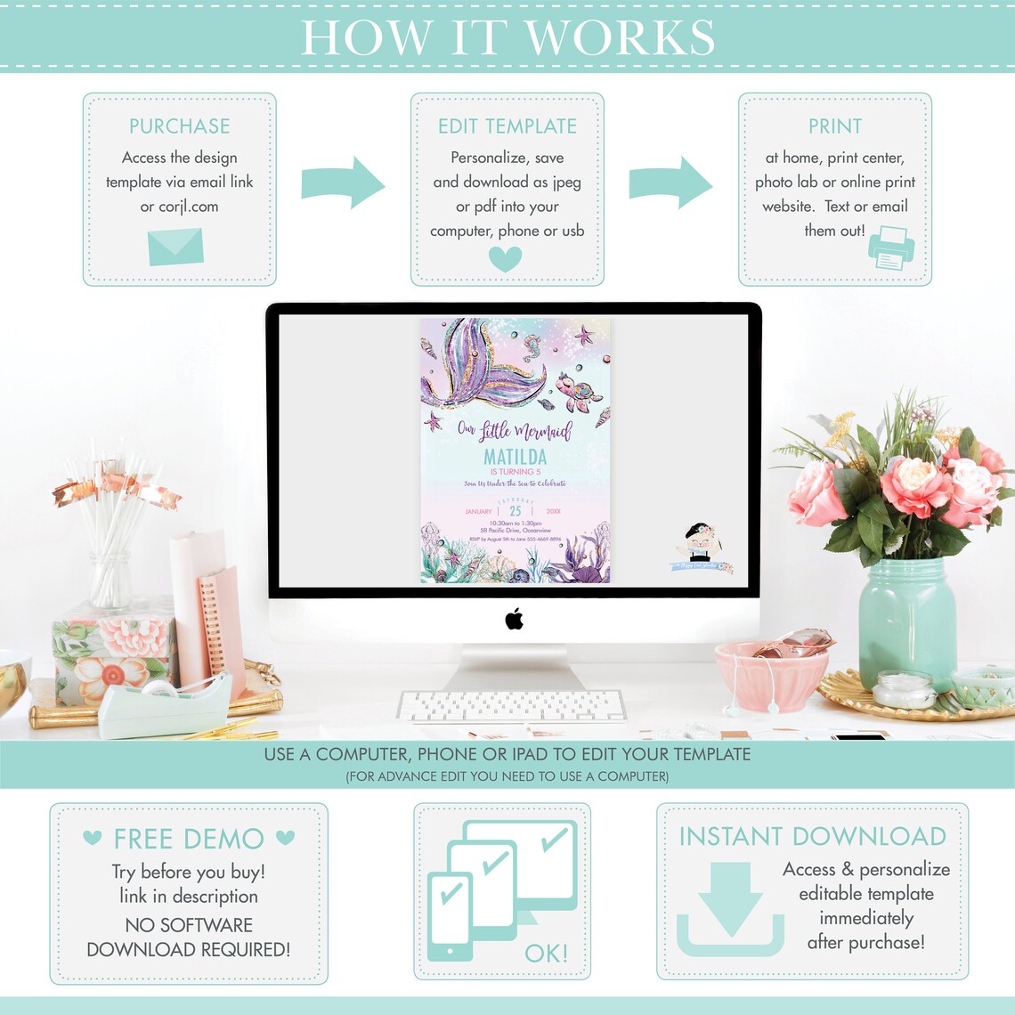 EDITABLE TEMPLATE, Whimsical Mermaid Baby Shower Bingo Game Printable ...
