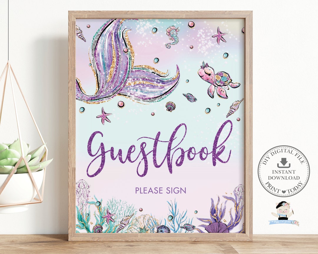 Mermaid Guest Book Sign Printable, INSTANT DOWNLOAD, Whimsical Purple ...