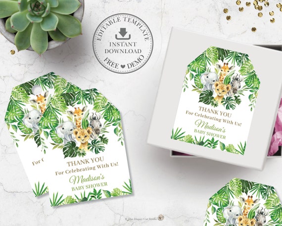 EDITABLE TEMPLATE Jungle Animals Thank You Tags, Tropical Greenery ...