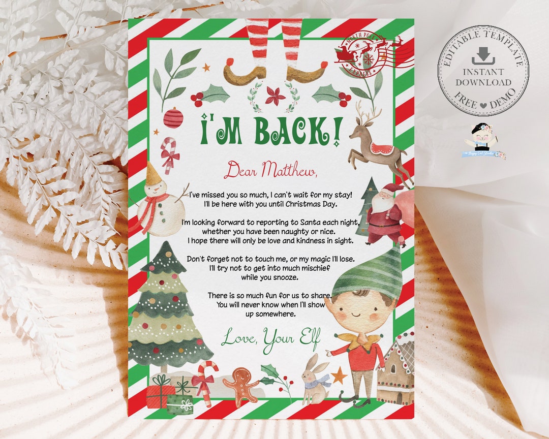EDITABLE Elf Arrival Letter Return Hello I'm Back Welcome Christmas Elf ...