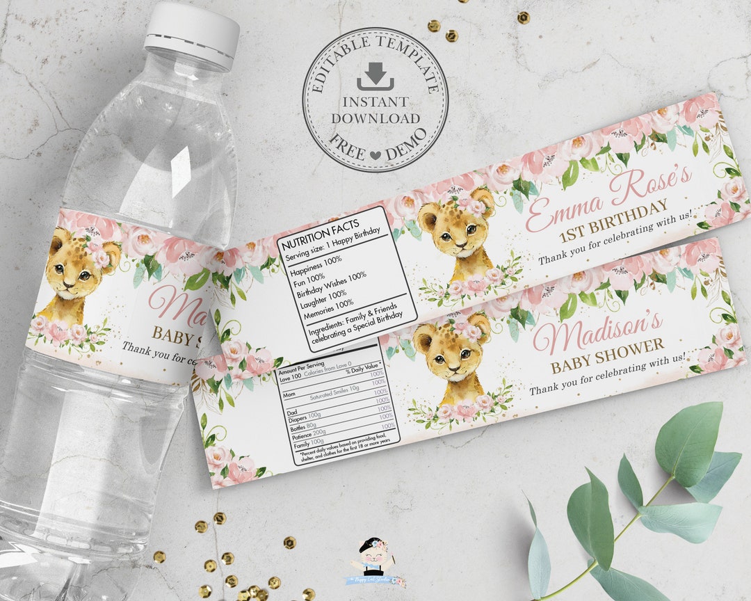 Lion Cub Blush Pink Floral Water Bottle Labels, EDITABLE TEMPLATE ...