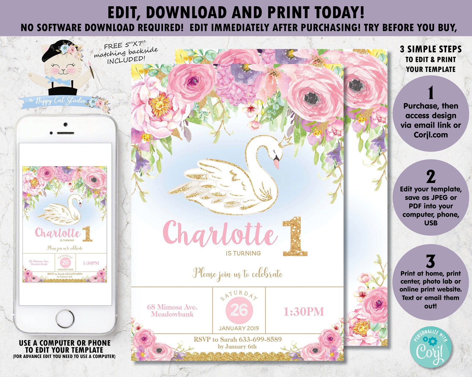 Swan Princess Birthday Invitation, Swan 1st Birthday Invite, Swan ...