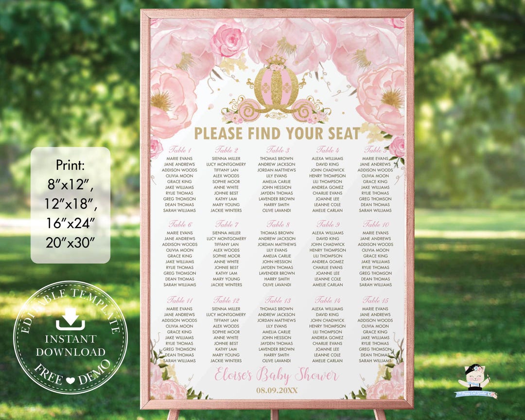 Pink Floral Princess Pumpkin Carriage Seating Chart Sign Printable ...