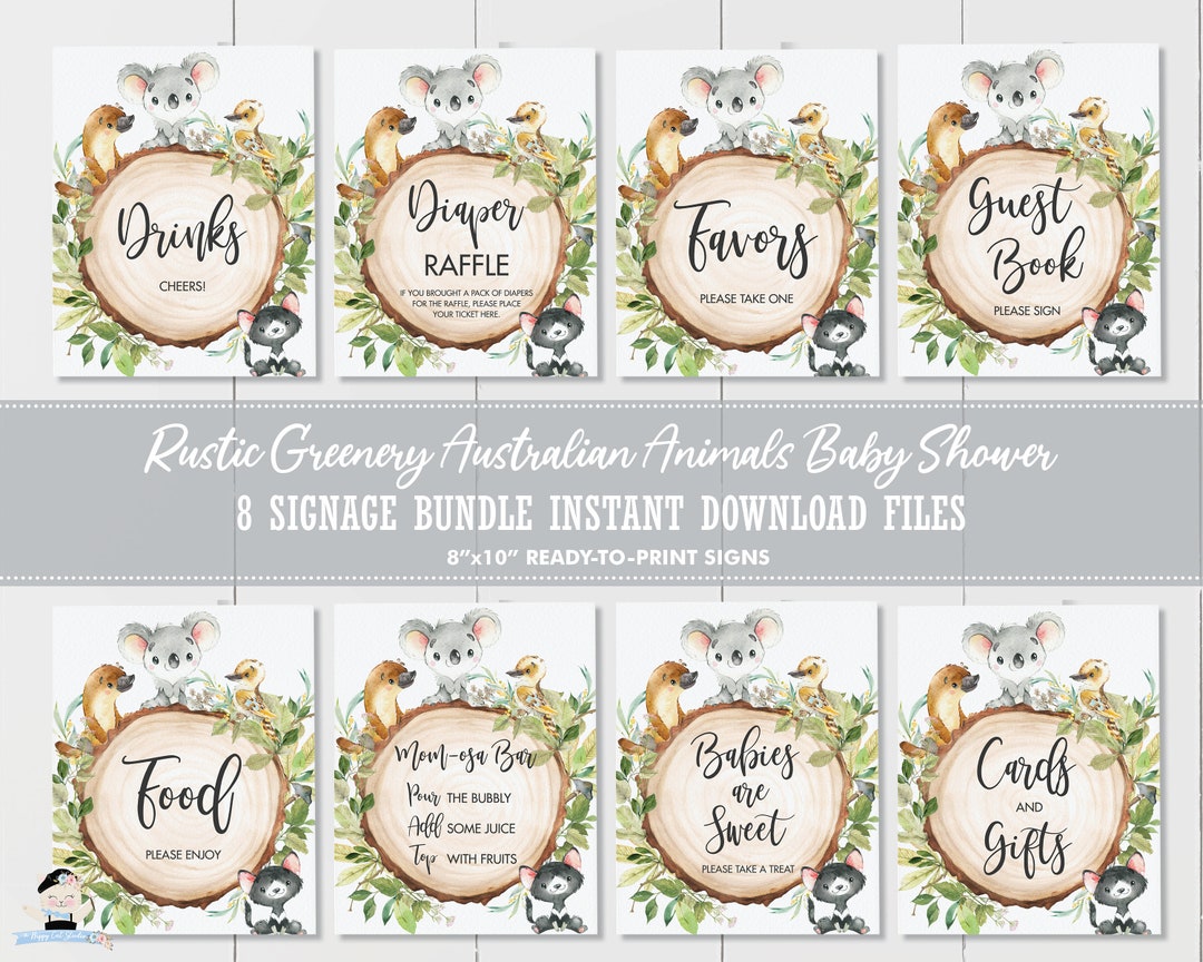 Australian Animals Tabletop Sign Bundle, Rustic Greenery Gender Neutral ...