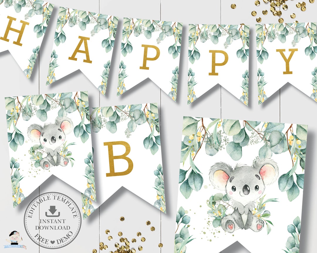 Koala Flag Banner, EDITABLE TEMPLATE, Cute Koala Eucalyptus Greenery ...