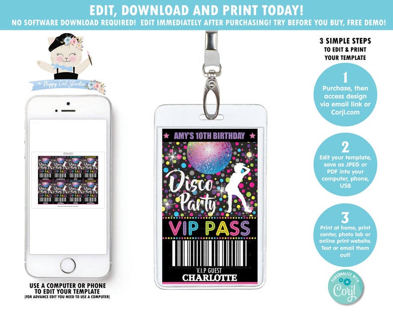 Disco Party VIP Pass, Dance Party Backstage Pass Badge, Girl Disco ...