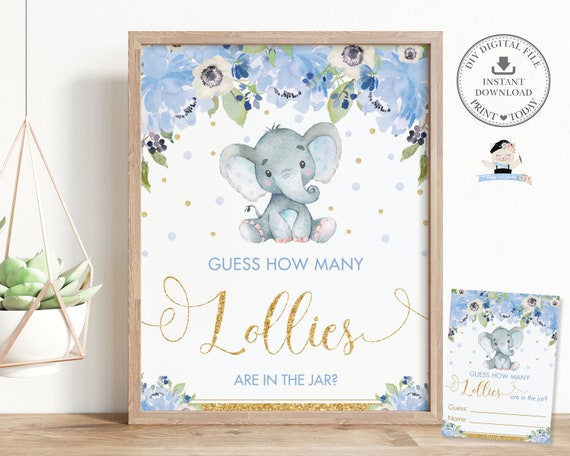 Guess How Many Lollies Are In The Jar Game INSTANT DOWNLOAD Blue Floral Cute Elephant Boy Baby 