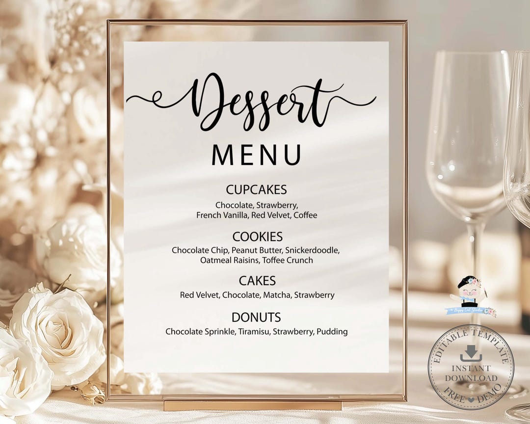 EDITABLE TEMPLATE, Dessert Menu Printable, Baby Shower Birthday Wedding ...