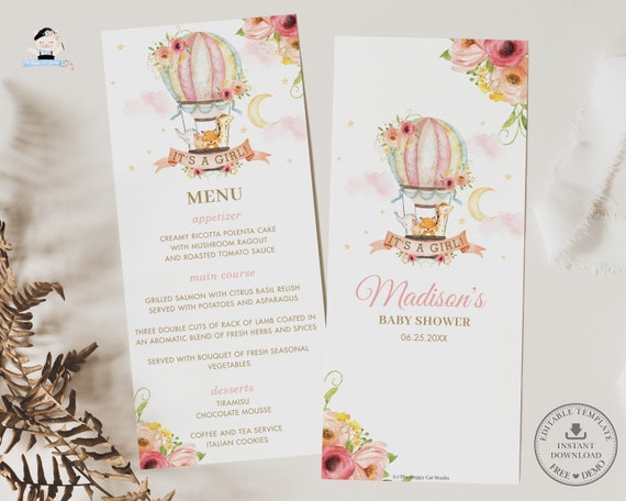 Hot Air Balloon Cute Animals Slim Menu Printable EDITABLE - Etsy