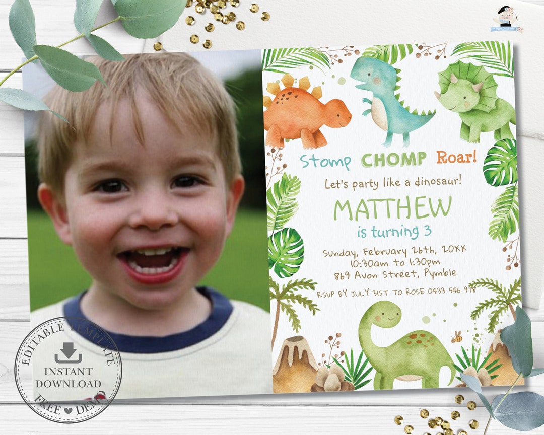 Cute Friendly Dinosaurs Birthday Party Photo Invitation, EDITABLE ...