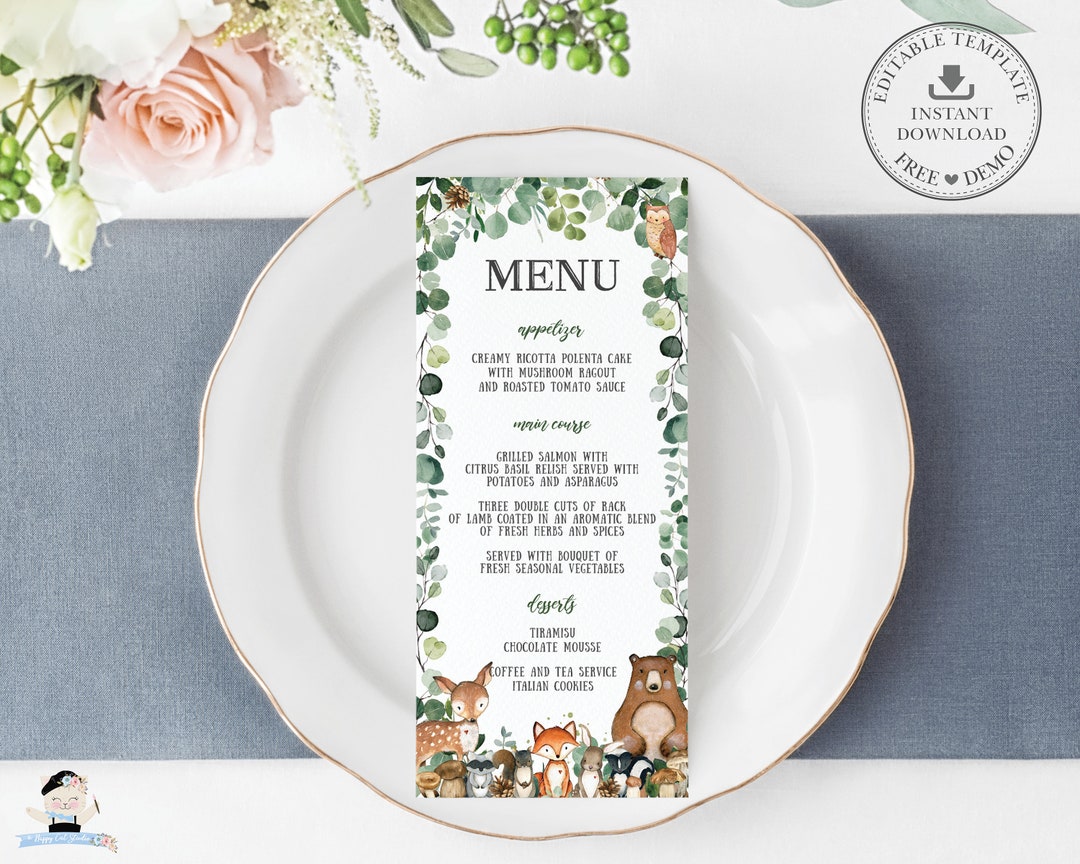 Woodland Animals Greenery Menu Printable, EDITABLE TEMPLATE, Rustic ...