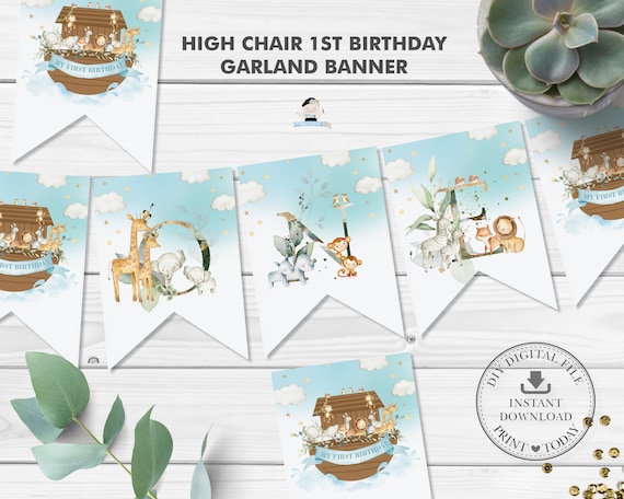 Noah's Ark Blue 1st First Birthday High Chair Banner, One Garland ...