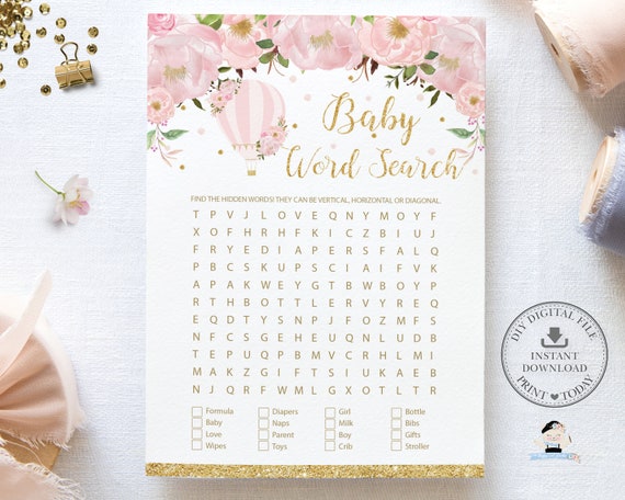 Baby Word Search Game Printable, INSTANT DOWNLOAD, Hot Air Balloon Pink ...