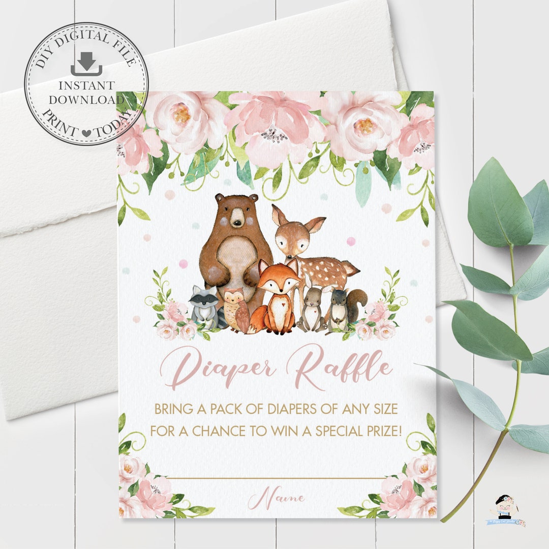 Diaper Raffle, INSTANT DOWNLOAD, Pink Floral Woodland Animals Baby ...