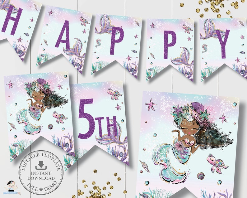 Mermaid Flag Banner, EDITABLE TEMPLATE, Chic Under the Sea Mermaid Tail ...