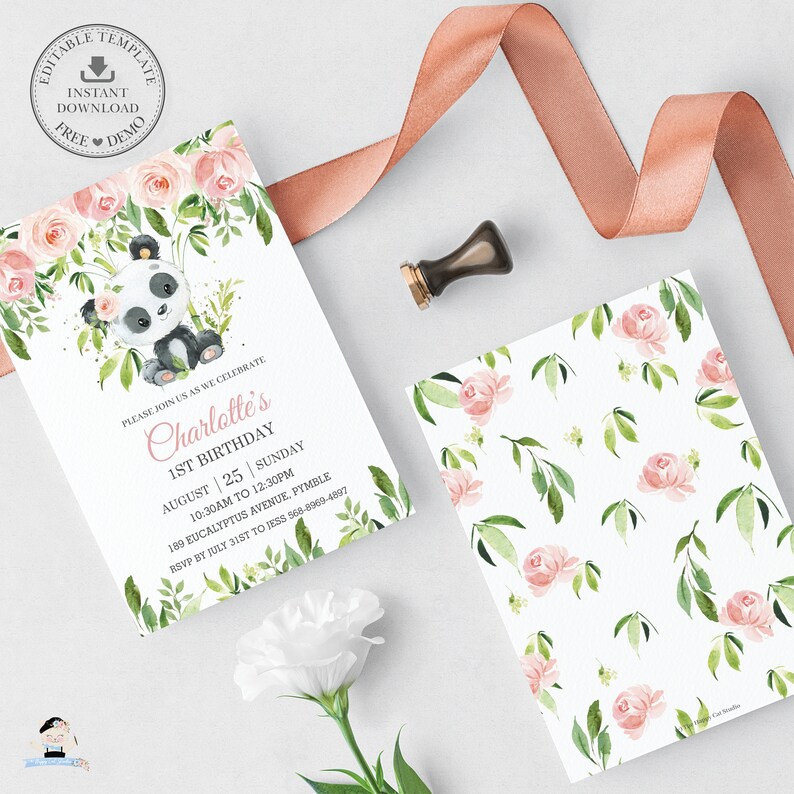 Cute Panda Birthday Invitation EDITABLE TEMPLATE Pink Floral | Etsy
