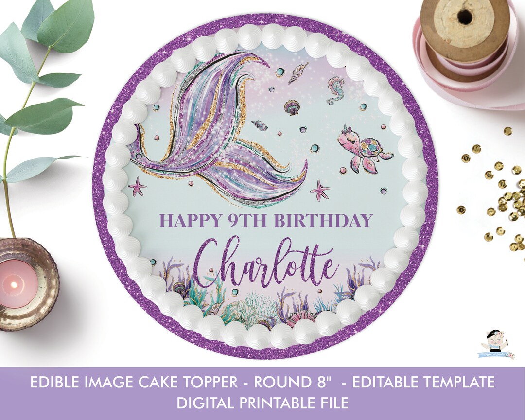 Mermaid Tail Edible Image Round Cake Topper EDITABLE TEMPLATE Baby ...