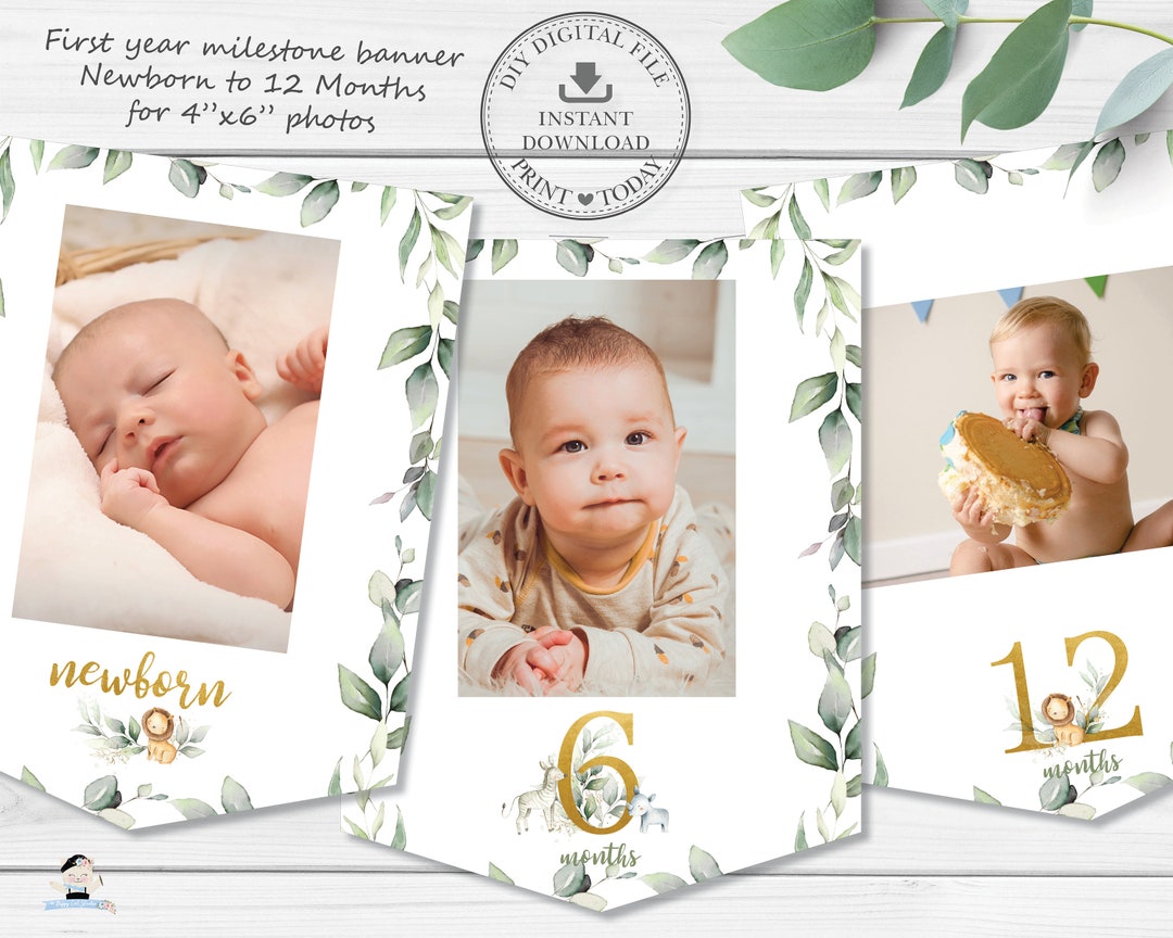 Greenery Jungle Animals 1st Birthday Monthly Milestone Photo Banner ...