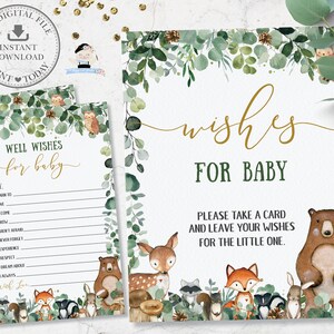 Woodland Animals Wishes for Baby Card and Sign, Rustic Forest Greenery ...