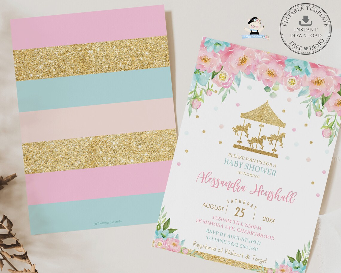 Carousel Invitation EDITABLE TEMPLATE Girl Baby Shower | Etsy