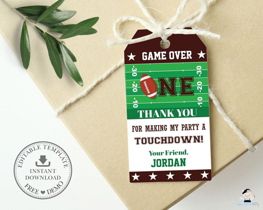 Football Thank You Favor Gift Tags, EDITABLE TEMPLATE, Turning ONE ...