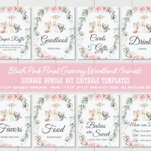 Woodland Table Sign Bundle, EDITABLE TEMPLATE, Pink Floral Greenery ...