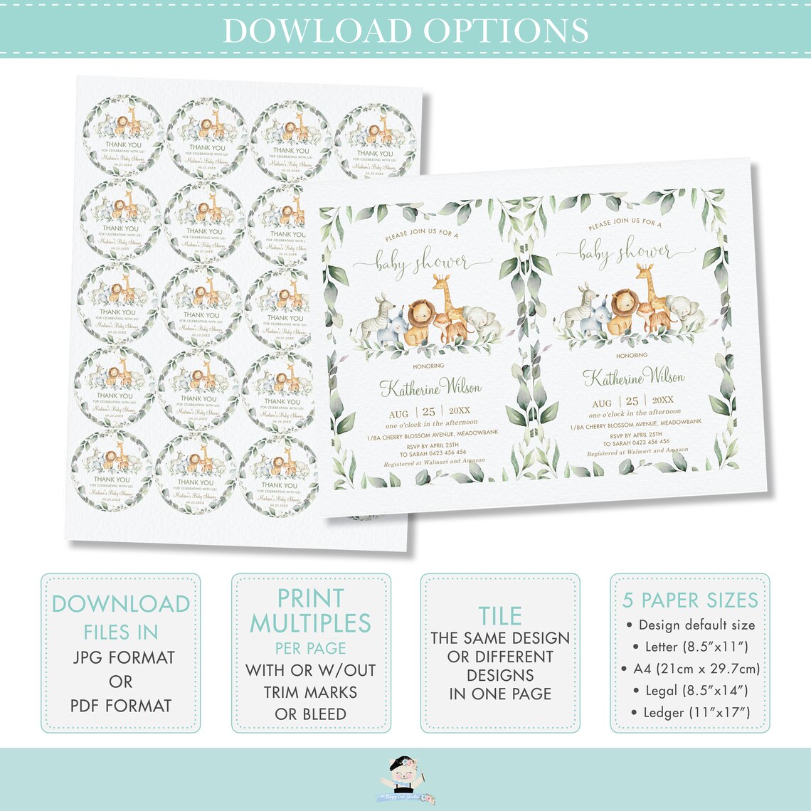 Cute Jungle Animals 2 Circle Label EDITABLE TEMPLATE - Etsy